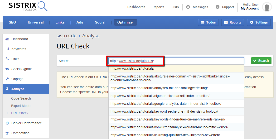 Onpage-Evaluation of individual URLs in the Optimizer - SISTRIX